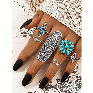 YANCHUN Turquoise Stackable Finger Ring Set Boho Knuckle Rings Midi Joint Carved Rings Western Jewelry for Women