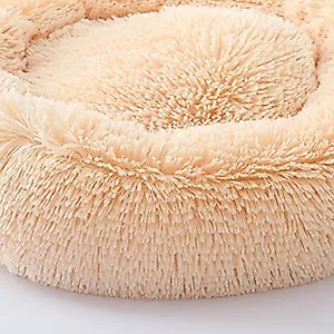 balacoo Luxury Fur Donut Cuddler Round Cat and Dog Cushion Bed Self-Warming and Cozy for Improved Sleep (Small Size, Beige)