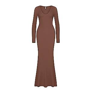 REORIA Women's Sexy Soft Lounge Ribbed Long Dress Fall Elegant Formal Wedding Guest Long Sleeve Deep V Neck Bodycon Maxi Dresses Coffee Small