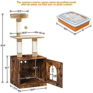 HOOBRO Litter Box Enclosure with Cat Tree Tower, Hidden Cat Washroom with Scratching Post and Soft Plush Perch, Wooden Cat Furniture, Indoor Pet Cabinet with Multiple Platforms, Rustic Brown BF12MW03