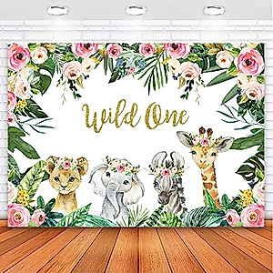 Mocsicka Girl Wild One Backdrop Jungle Safari Animals 1st Birthday Vinyl Photo Background 7x5ft Gold Wild One Birthday Banner Backdrops for Girls Cake Dessert Table Decorations