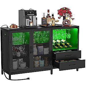 Cyclysio Wine Bar Cabinet with Power Outlets and LED Lights, Coffee Bar Station with Wine Rack, Industrial Sideboard Buffet with Drawers, Large Bar Cabinet for Liquor and Glasses, Home Bar, Black
