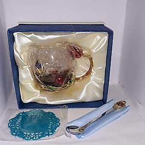 Flower Glass Tea Mug 11oz - Handmade Butterfly and Blue Rose Glass Cup with Handle - Valentine's Day Present - Great Gift for Best Friend/ Wedding/ Anniversary/ Birthday Presents for Mom, Grandma