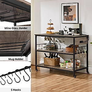 Yaheetech Kitchen Cart with Power Outlet, Rolling Kitchen Island on Wheels with Glass Holder & Hooks, Utility Trolley Cart Coffee Bar Microwave Stand Cart with Lockable Casters, Taupe Wood