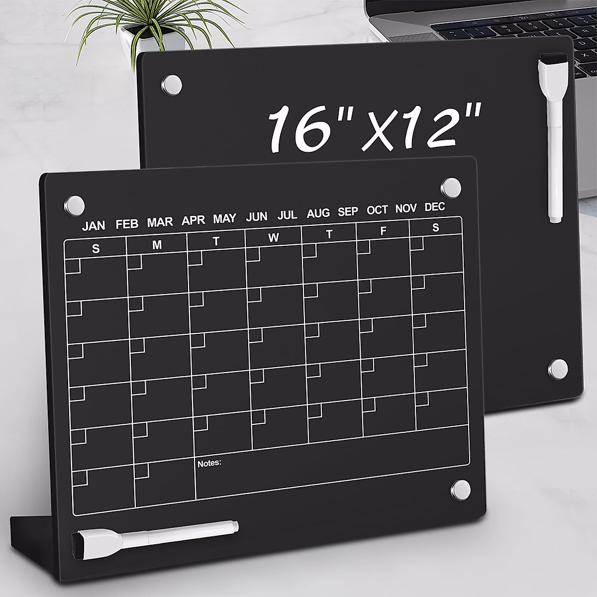 2PCS Black Acrylic Dry Erase Board with Stand for Desk, 16x12 Large Desktop Monthly Whiteboard Magnetic Fridge Calendar Memo Board, Daily Planner Blackboard Easel for Office, School