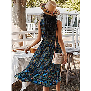 TEMOFON Women Dress Summer Sleeveless Bohemian Floral V Neck Button Down Flowy Boho Dresses 2025 Navy Blue XL