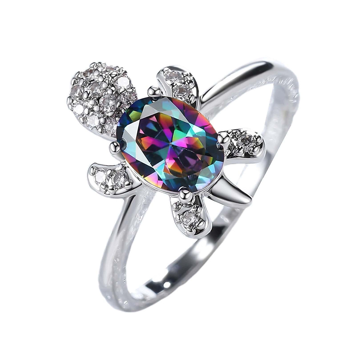 oAtm0eBcl Silver Turtle Animal Ring for Women Girl. Oval Cubic Zirconia Halo CZ Knuckle Rings Wedding Bands Promise Rings for Women,Blue,US 7