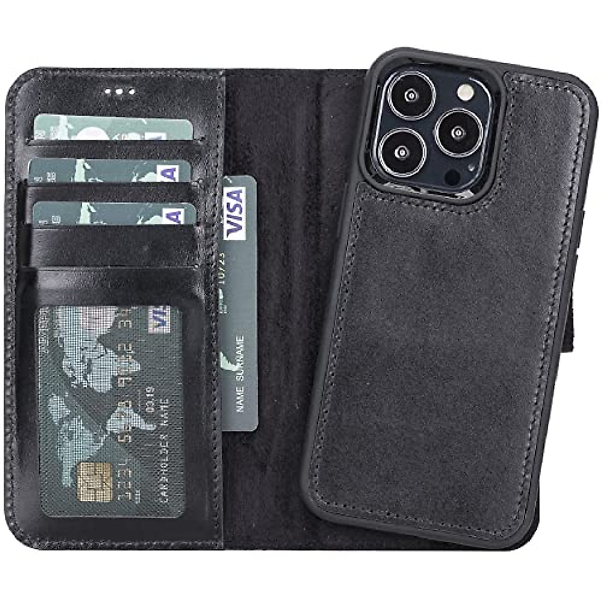 VENOULT Compatible with iPhone 14 Plus Wallet Case for Man or Women, 14 Pro / 14 Pro MAX / 13 MAX Full Grain Genuine Leather Detachable, Compatible Magsafe Wireless Charging and Car Mount, HANDMADE