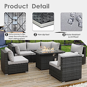 RADIATA PE Wicker Patio Furniture Set Sectional High Back Large Size Sofa Sets with Propane Fire Pit Table 55000 BTU Balcony Rattan Lounge Conversation Sets for Outdoor (7 Pieces,Light Gray)