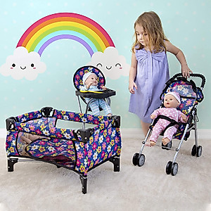 fash n kolor Doll 3 Piece Play Set Baby Doll Accessories - includes, 1 Pack N Play. 2 Doll Stroller. 3 Doll High Chair. Fits Up to 18'' Doll (Flower)