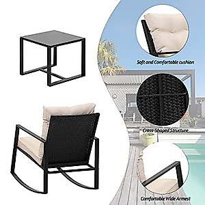IJIALIFE 3 Piece Rocking Bistro Set, Patio Wicker Rocking Chair, Outdoor Rattan Rocker Chair with Glass Coffee Table, Wicker Rocker Chair for Garden, Porch, Backyard (Beige)