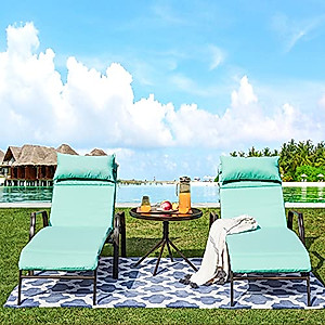 LOKATSE HOME Outdoor Lounge Chair Set 3 Pieces Patio Cushioned Adjustable Back Chaises with Bistro Table Steel Frame for Backyard Porch Garden Poolside, Light Blue
