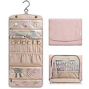 BAGSMART Travel Hanging Jewelry Organizer Case Foldable Jewelry Roll with Hanger for Journey-Rings, Necklaces, Bracelets, Earrings, Soft Pink