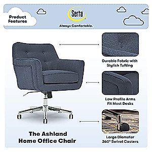 Serta Ashland Home Office Desk Chair with Button Tufted Mid-Back, Memory Foam Cushion and Padded Arms, Mid Century Modern Vanity Armchair with Wheels for Bedroom, Chrome Metal Base, Blue