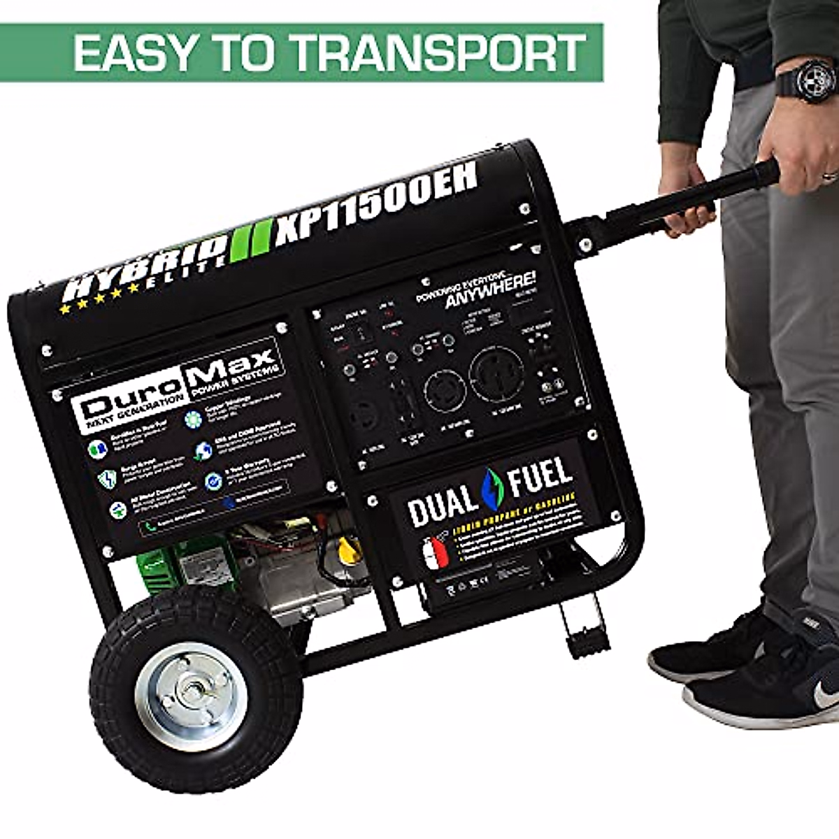 DuroMax XP11500EH Electric Start-Home Back Up & RV Ready, 50 State Approved Dual Fuel Portable Generator-11500 Watt Gas or Propane Powered, Green and Black