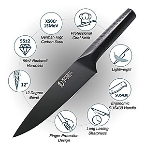 RITSU Chef Knife - 8" Chef's Knife, Black Titanium Coated Blade Japanese Chef Knife for Home Kitchen Restaurant, SUS430 Stainless Steel Handle, Ultra Sharp Kitchen Knife with Sheath