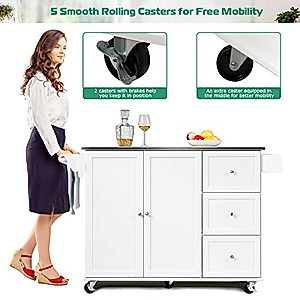 Giantex Kitchen Island with Stainless Steel Countertop, Kitchen Cart Rolling Trolley with Towel Holder and Spice Rack, 3 Drawers, Adjustable Shelves, 2-Door Cabinet, Ample Storage Table (White)