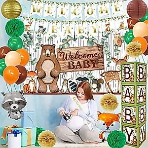 Woodland Animals Baby Shower Decorations- Gender Neutral Baby Shower Boxes Blocks Decorations with Welcome Baby Backdrop and Woodland Creatures Party Balloons Set