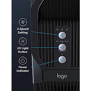 Lago Air Purifier for Home with True HEPA Odor Reducing Carbon Filters Up to 222 sq ft - Silent, Multiple Purification Speeds - Reduces Pet Dander, Pollen, Smoke, Dust (Black)