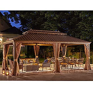 MELLCOM 12' X 20' Hardtop Gazebo, Galvanized Steel Double Vented Roof Outdoor Gazebo, Aluminum Frame Metal Gazebo with Netting and Curtains for Patios, Gardens, Lawns