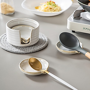 Ceramic Spoon Rest,Spoon Holder,Soy Sauce Dishes with Holder for Kitchen,Household Dipping Sauce Dishes Set, Side Dishes,LIUCUON Kitchen Basics,Set of 4 Kitchen Accessories For Utensils (cream)