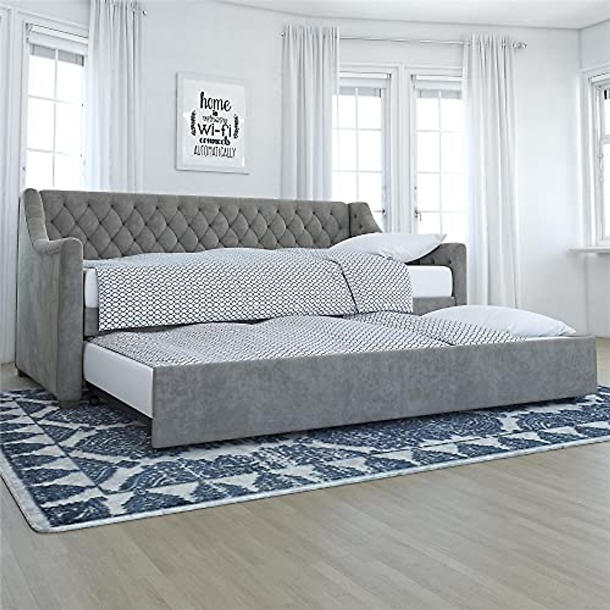 Little Seeds Ambrosia Diamond Tufted Upholstered Design Daybed and Trundle Set, Twin Size Frame, Light Grey