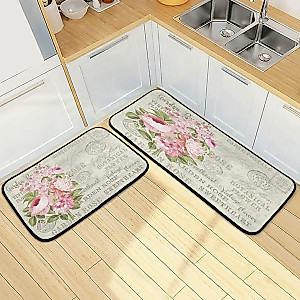 ALAZA Shabby Chic Rose Floral Blossom Non Slip Kitchen Floor Mat Set of 2 Piece Kitchen Rug 47 x 20 inches + 28 x 20 inches for Entryway Hallway Bathroom
