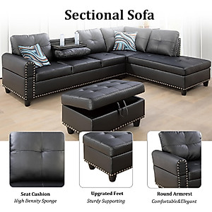 Ocstta Leather Sectional Sofa Sets,Living Room Furniture Sets and Leather Couch Set,L Shaped Couches with Sofa Back Panel Cup Holders and Storage Footstool(Sectional Couch Set+Ottoman) Black