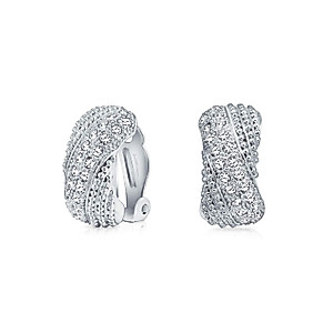 Bridal Prom Criss Cross Twisted Row Pave Crystal Dome Half Hoop Clip On Earrings Non Pierced Ears Silver Plated Brass