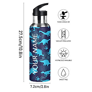 Cute Kids Dinosaurs Blue Personalized Water Bottle Double Stainless Steel Insulated Simple Customized Water Flask