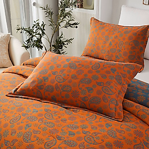 Softta Vintage Paisley Pattern Bedding Set Queen Size 3Pcs Duvet Cover Set 100% Washed Cotton Double-Layer Yarn Washed Cotton Bedding Collection Blue & Orange