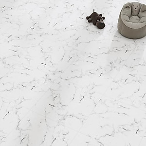 Mysflosy Peel and Stick Floor Tiles, Self Adhesive Waterproof Vinyl Flooring, 12''x12'' White Marble Pattern DIY Floor Sticker for Kitchen, Bathrooms & Bedroom, 20 Tiles