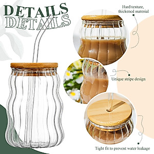 Domensi 2 Pcs 18 oz Creative Glass Cups with Lids and Straws Wave Shape Cute Drinking Cups Ribbed Cups Glass Tumblers Cups Vintage Ripple Glassware for Cocktail Juice Iced Coffee Tea Soda Milk