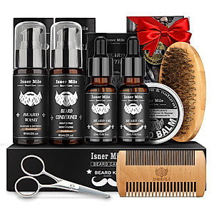 Beard Kit for Men Grooming & Care with 2 Pack Beard Oils, Balm, Wash & Conditioner for After Shave Lotions-Sandalwood, Brush, Combs, Scissors, Valentine's Day Christmas Fathers Gifts for Dad Men Him