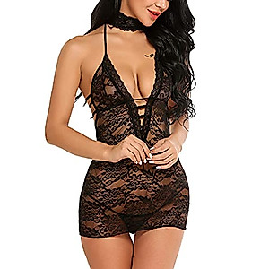 Avidlove Women Nightwear Lace Lingerie Halter Strap Chemise Floral Babydoll Sexy Nightie Dress Black M