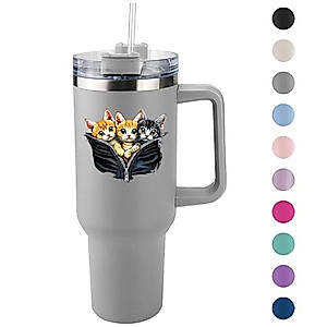 40 ounce insulated cup with handle, double-layer vacuum stainless steel material, equipped with straw, can keep warm or maintain cold drinks Animal Cat Funny 1 grey