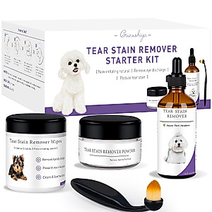 Guanshiya Dog Tear Stain Remover Starter Kit, with Witch Hazel Extract, Remove Tear Stains, Discharge & Mucus, includes Stain Solution, Applicator Wipes, Stain Powder & Brush, Lasts 30-45 Days