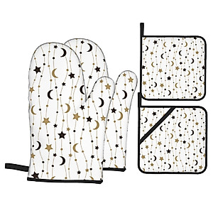 Oven Mitts and Pot Holders Sets 4 Piece, Black Gold Moon Stars Oven Gloves Heat Resistant Non-Slip for Kitchen Cooking Grilling Baking
