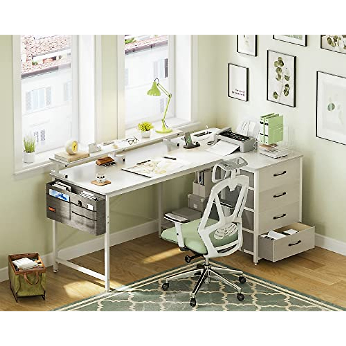 ODK 55 inch L Shaped Computer Desk with USB Charging Port & Power Outlet, L-Shaped Corner Desk with 4 Tier Drawer & Monitor Shelf for Home Office Workstation, Modern Style Writing Table, White