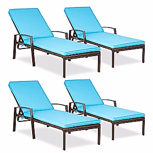 Pamapic 4 Pieces Patio Lounge Chair Set, Patio Chaise Lounges with Thickened Cushion, PE Rattan Steel Frame Pool Lounge Chair Set for Patio Backyard Porch Garden Poolside (Tiffany)…