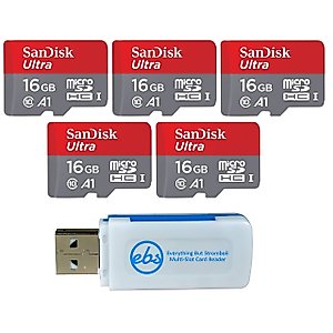 SanDisk 16GB Micro Ultra Memory Card (5 Pack Bundle) 98MB/s Speed Class 10, SDHC Works with Android Phones, Galaxy Tablets (SDSQUAR-016G-GN6MN) Plus 1 Everything But Stromboli (TM) MicroSD Card Reader
