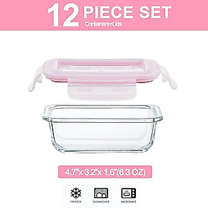 M MCIRCO [12-Pack, 6.3oz] Glass Food Storage Containers with Lids - Small Glass Jars for Snacks, Dips, Sauces - Freezer, Microwave, Dishwasher Friendly - Pink