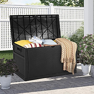 SOLAURA Outdoor Storage Deck Box-120 Gallon Black Wicker Pattern Container Cabinet for Patio Furniture Cushions, Pillows, Garden Tools and Pool Toys