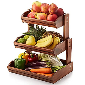 HOLANA Acacia Wood Fruit Basket for Kitchen Countertop - 3-Tier Fruit Bowl Holder, Extra Large 16x12.5x18 inch, Wooden Fruit Stand Storage Organizer for Vegetable, Bread, Snack