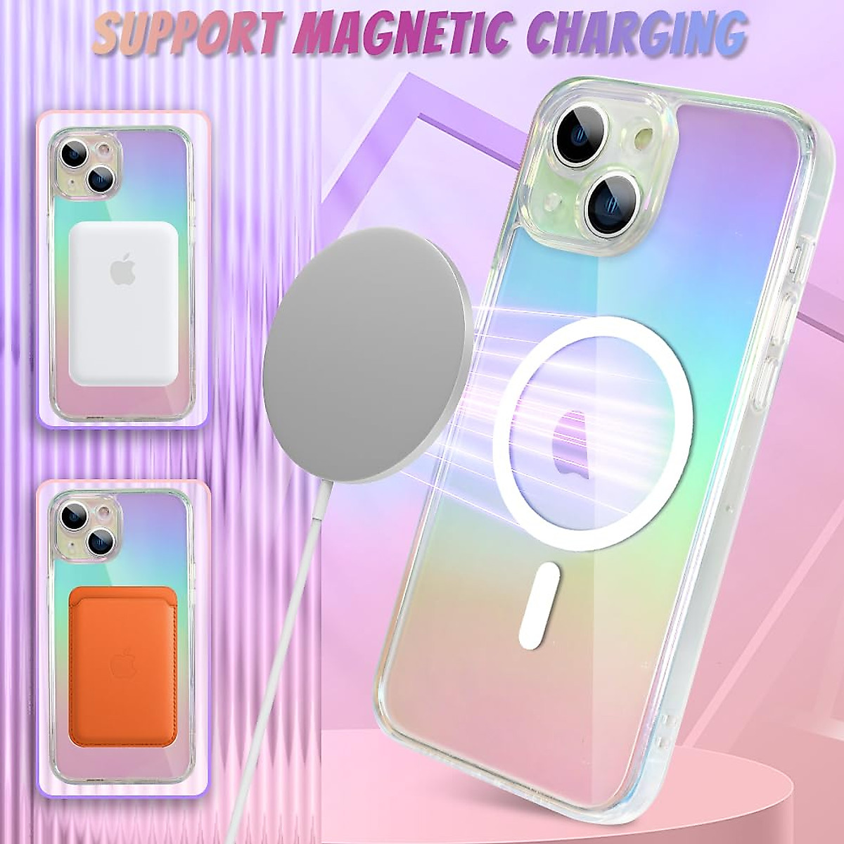 Bonoma for iPhone 13 Case Magnetic 【Support for MagSafe】 Bling Laser Florescent Iridescent Crystal Luxury Case Camera Protector + 2* Screen Protector Shockproof Edge Cover Case -Clear