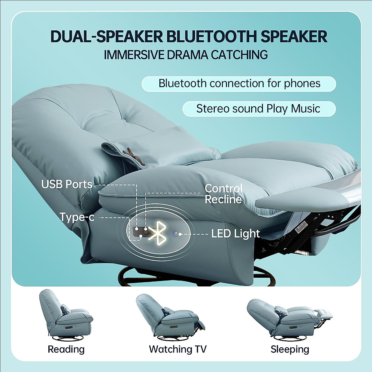 COOSLEEP Oversized Power Swivel Recliner Chair Rocker with 43.5'' Oversized Sitting Width and 270° Swivel,360° Surround Sound and Breathing Lighting,Comes with a 3-in-1 Pillow, 380 Lbs Capacity(Blue)