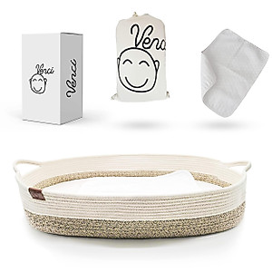 Baby Changing Basket for Dresser Top - 29.5 x 17 x 6 in, Organic Cotton Rope and Thick Removable Foam Pad, Portable Moses Basket Changing Basket for Babies, Waterproof Changing Pad