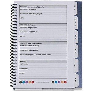 RE-FOCUS THE CREATIVE OFFICE, Password Book Keeper, Black, Small, Mini, Alphabetical Tabs, Spiral Bound, Removable Sheets, Journal Organizer, Includes, Website, Address, Username, Password