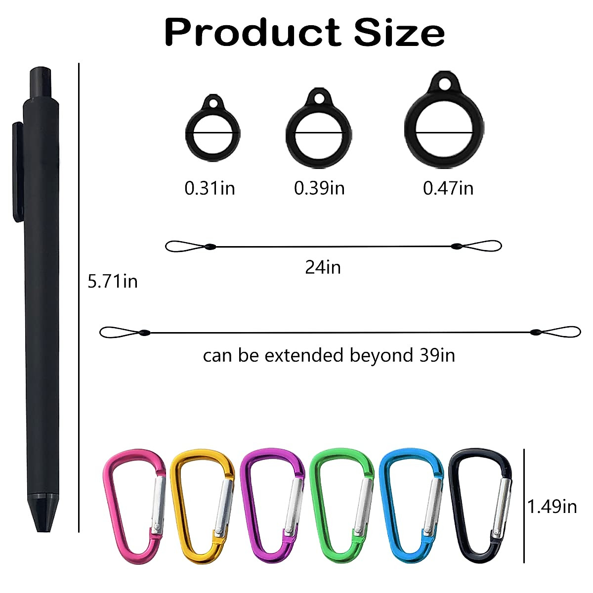 GSYUWIH 6 Sets 24 Inche Pen Silicone Lanyard Holder,Pen Leash with Silicone Circles and Metal Carabiner,Retractable Pen Holder with 3 Sizes of Silicone Ring Suitable for Offices,Classrooms,Buildings