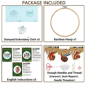 Christmas Embroidery Kits,3 Sets Embroidery Starter Kits with Christmas Pattern for Adults, Cross Stitch Kits for Beginners Include Embroidery Hoop, Threads, Stich Instructions
